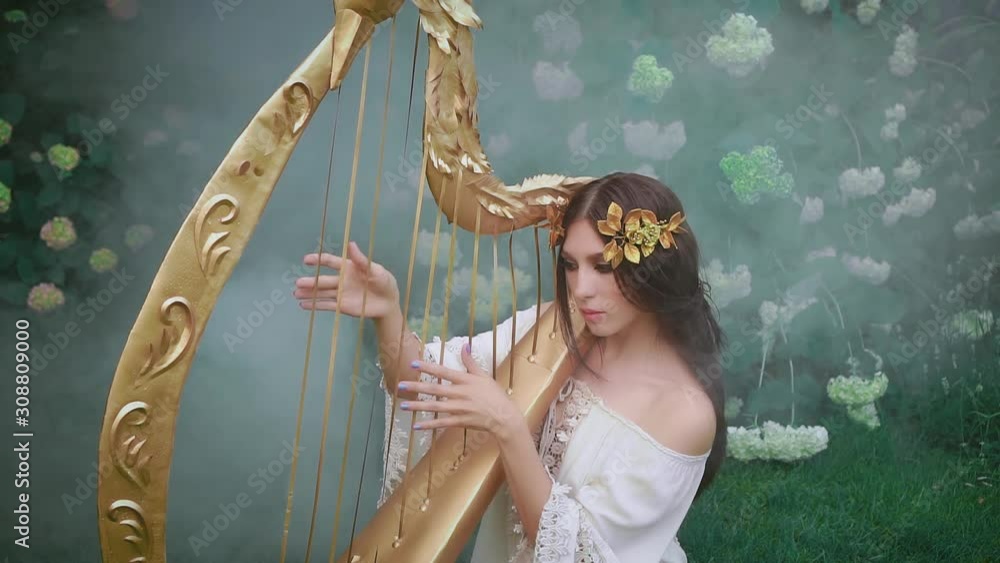 Tender brunette girl cute angelic face plays an elven song melody on ...