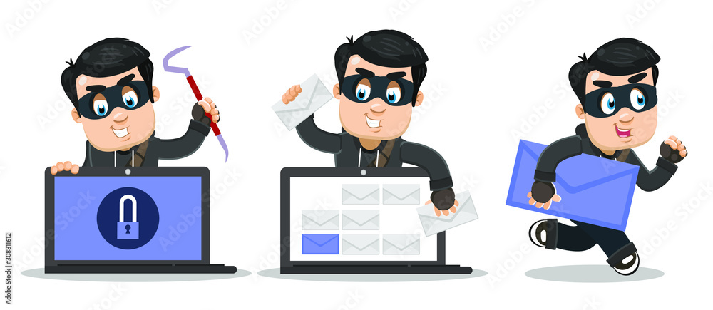 Computer burglar standing near laptop with lock pick, thieving ...