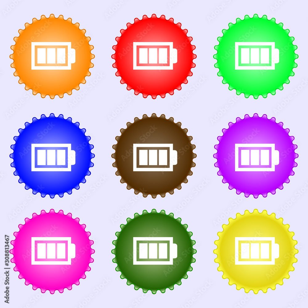 Battery fully charged sign icon. Electricity symbol. A set of nine ...