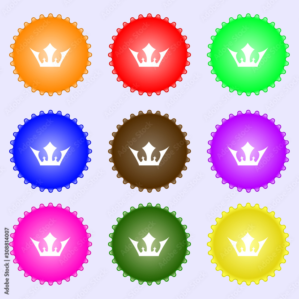 Crown icon sign. A set of nine different colored labels. Stock Photo ...