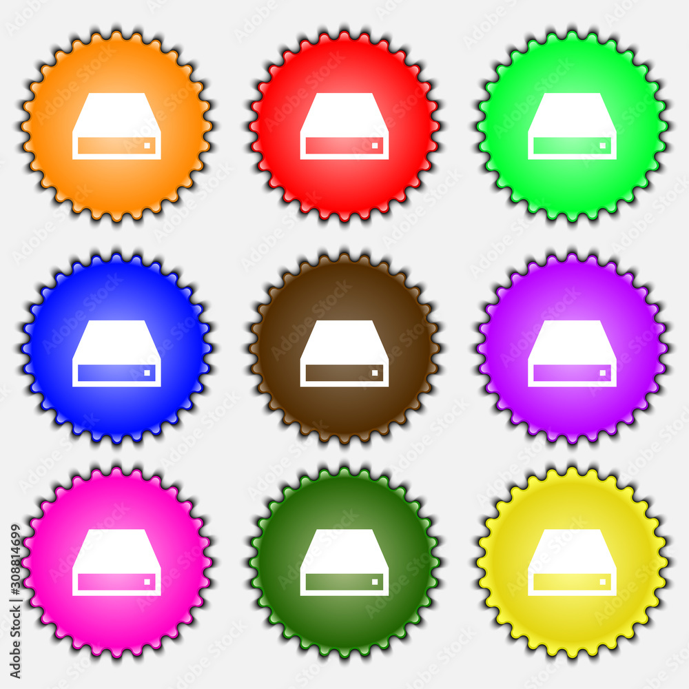 CD-ROM icon sign. A set of nine different colored labels. Stock Photo ...