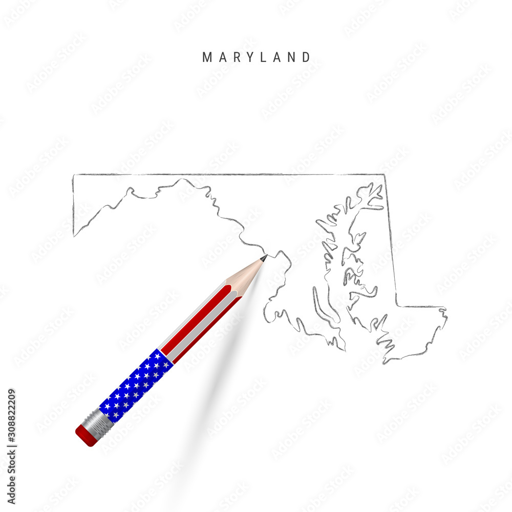 Maryland US state vector map pencil sketch. Maryland outline map with ...