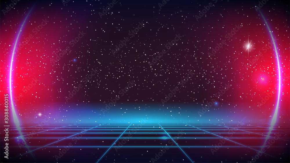 Synthwave Retro Future Grid background with pink round Neon glowing ...
