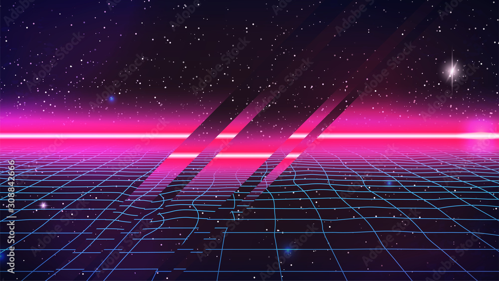 Synthwave Glitch Neon Background. Retro Future pink glowing, blue perspective Grid, starry sky ...
