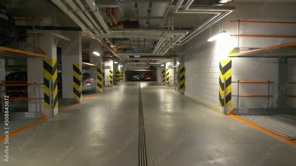 POV drive through underground parking garage in 4k slow motion 60fps ...