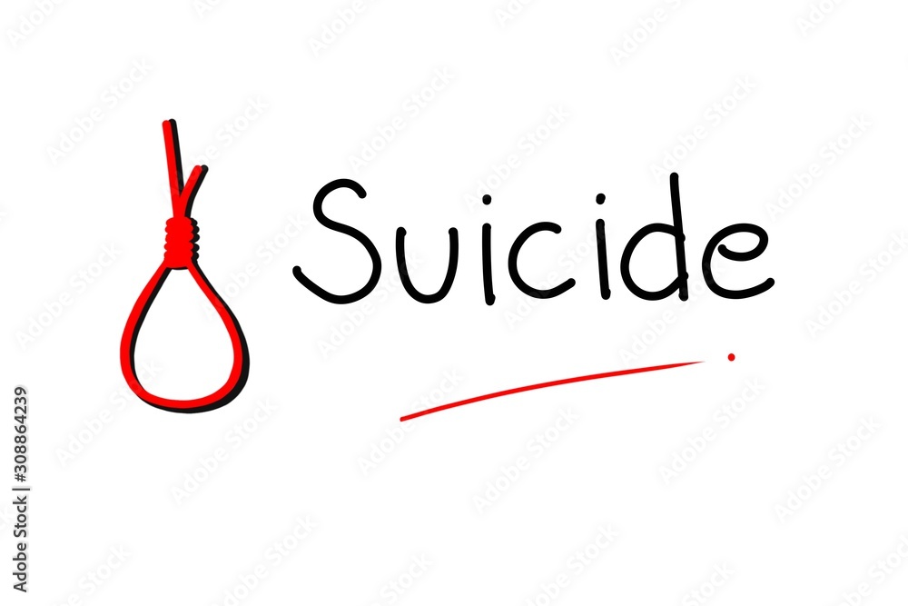 Hand drawing. Red noose rope and wording Suicide on white background ...