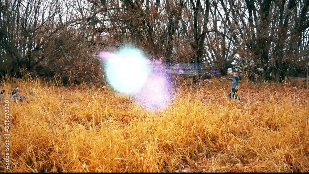 A teenager and a younger wizard face off in the woods and have a magic ...