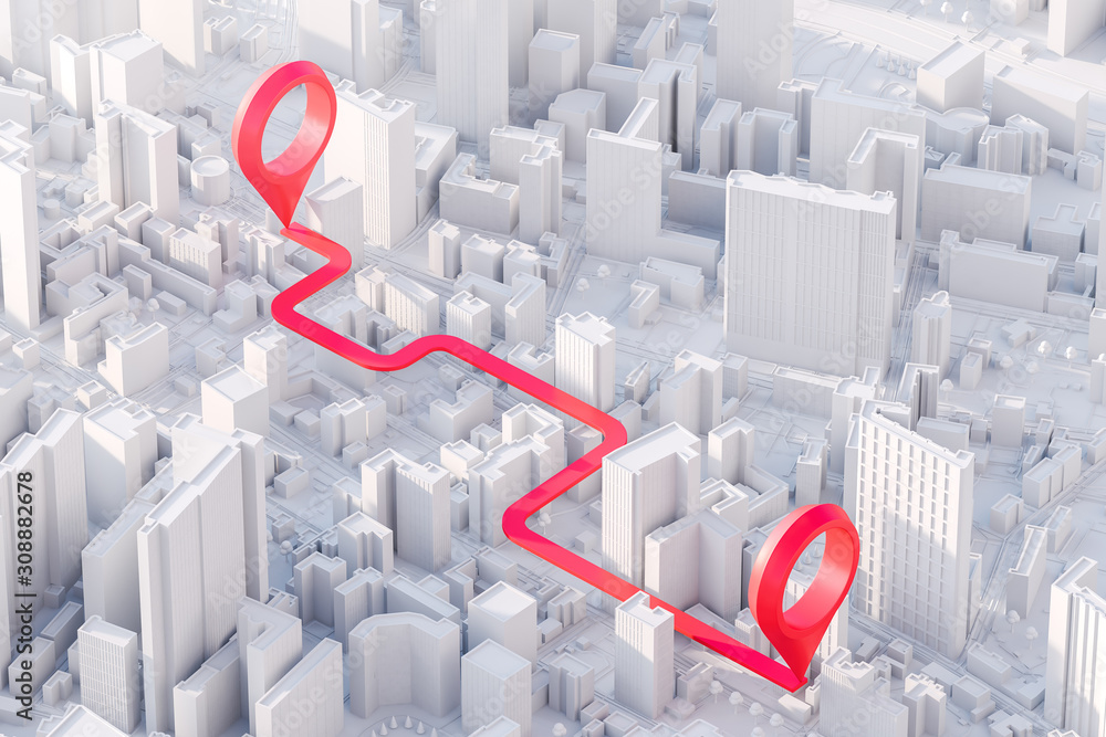 City map with navigation locator pin from point A to point B. Location ...