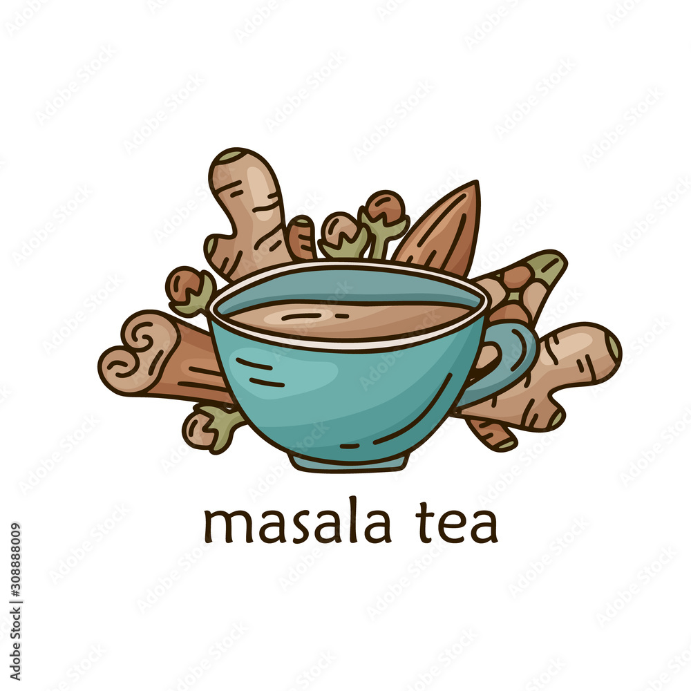 Masala tea poster. Color cartoon cup with cinnamon, ginger, cardamom ...