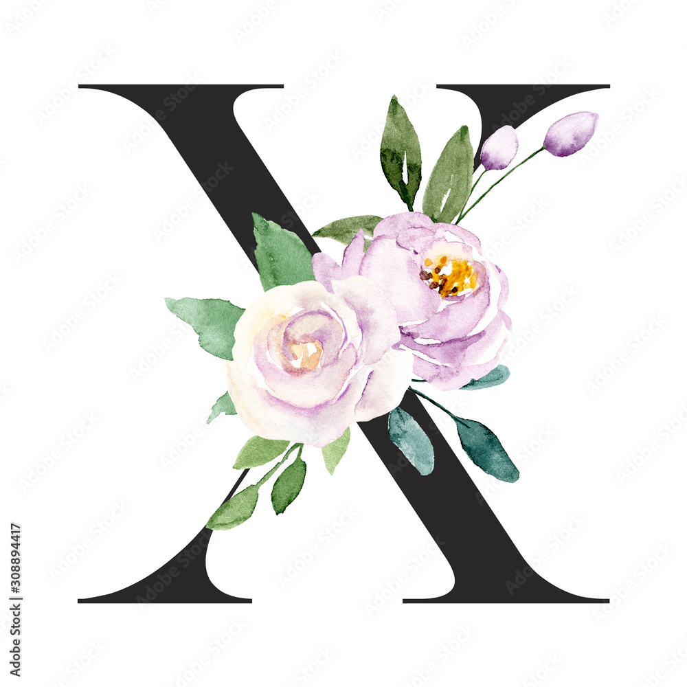 Letter x, floral alphabet with watercolor flowers and leaf. Monogram ...