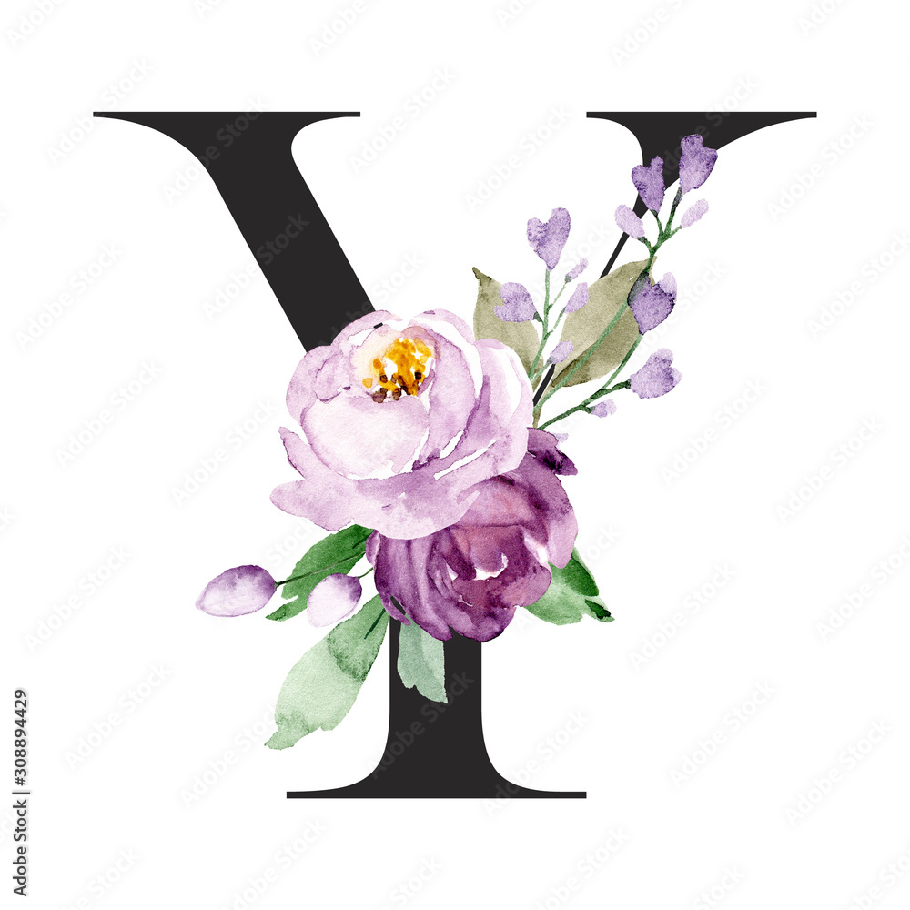 Letter y, floral alphabet with watercolor flowers and leaf. Monogram ...