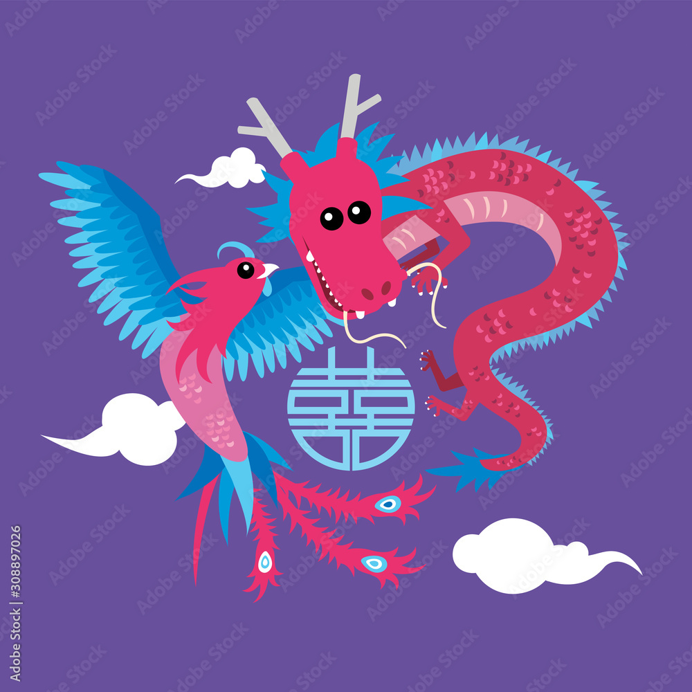 Cute dragon and phoenix illustration Stock Vector | Adobe Stock