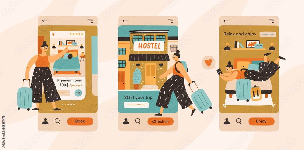 Hostel check-in steps vector illustrations set. Online guesthouse ...