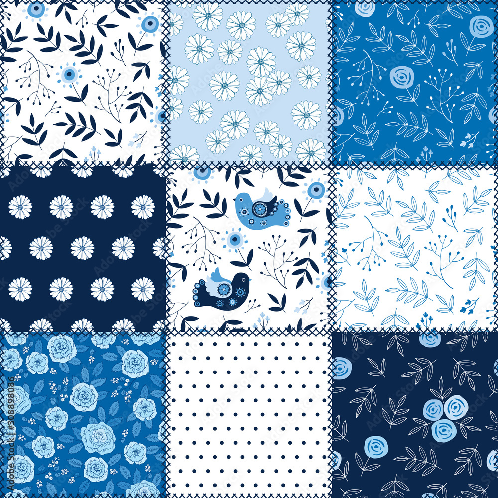 Cute patchwork background with different flowers patterns for textile ...