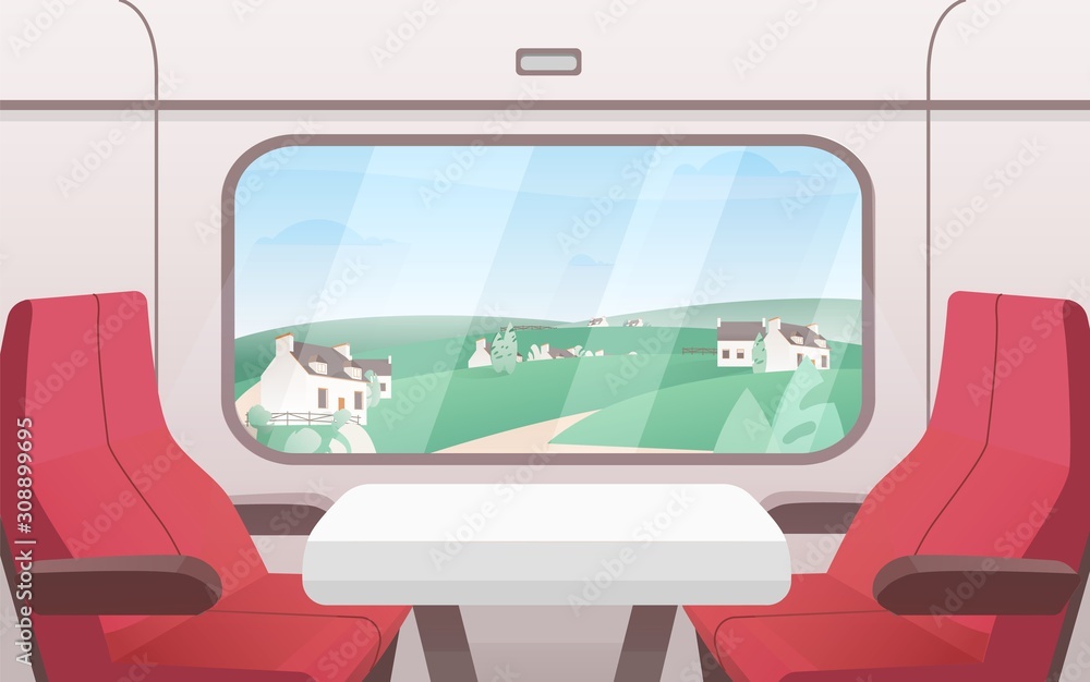 View from train window flat vector illustration. Modern railway ...