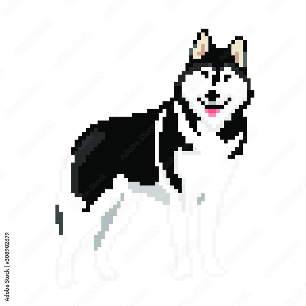 vector pixel art Siberian Husky dog isolated on white background, black ...