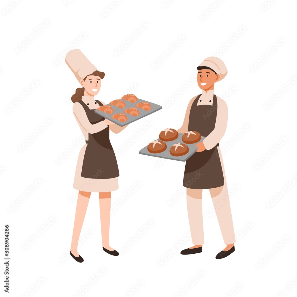 Young bakers flat vector illustration. Pastry cooks with sweet-stuff ...