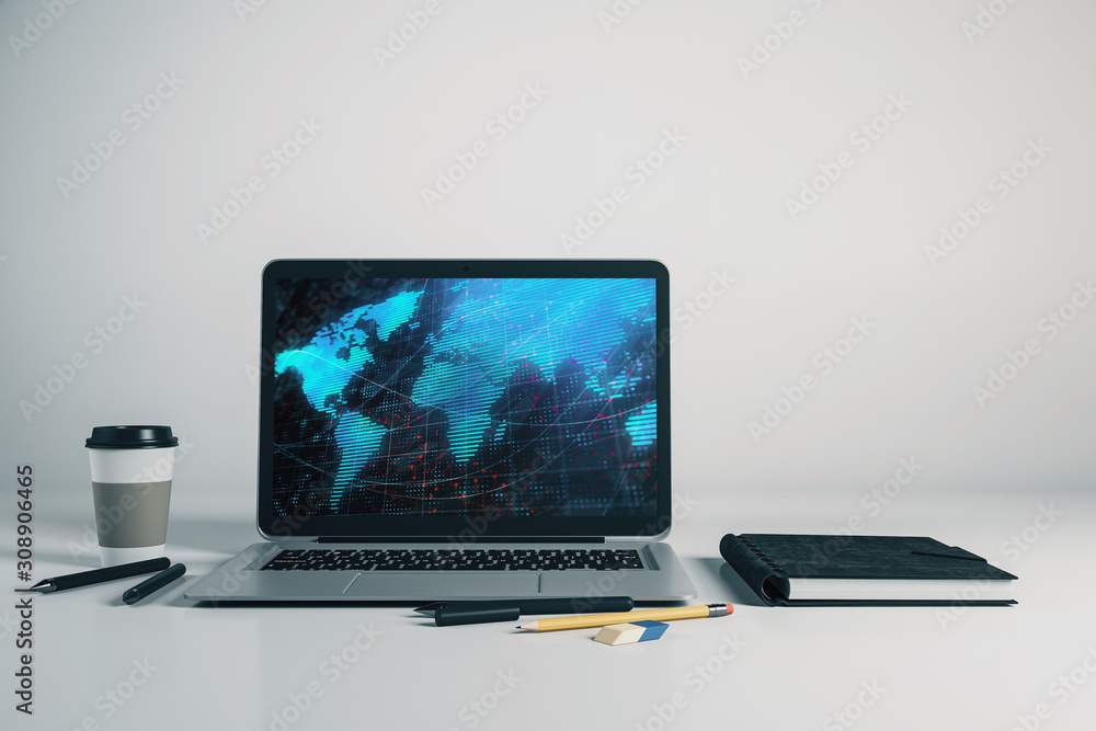 Laptop closeup with world map on computer screen. International ...