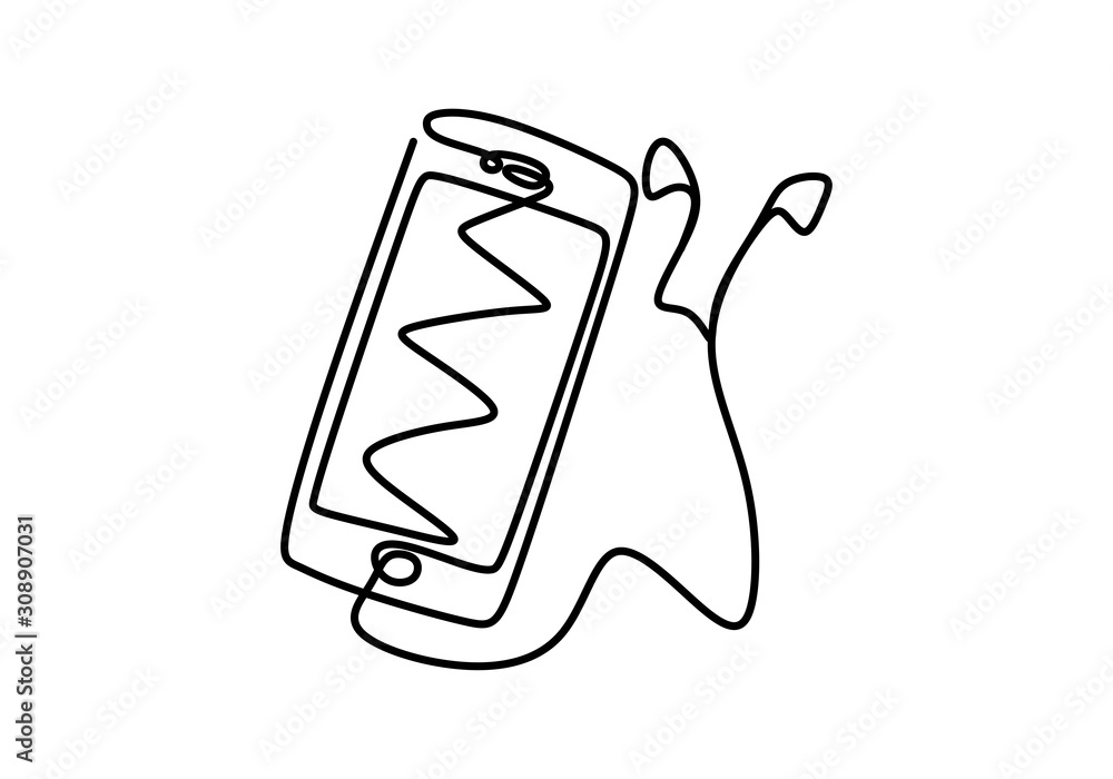 Continuous one line drawing of phone or smartphone with earphone ...