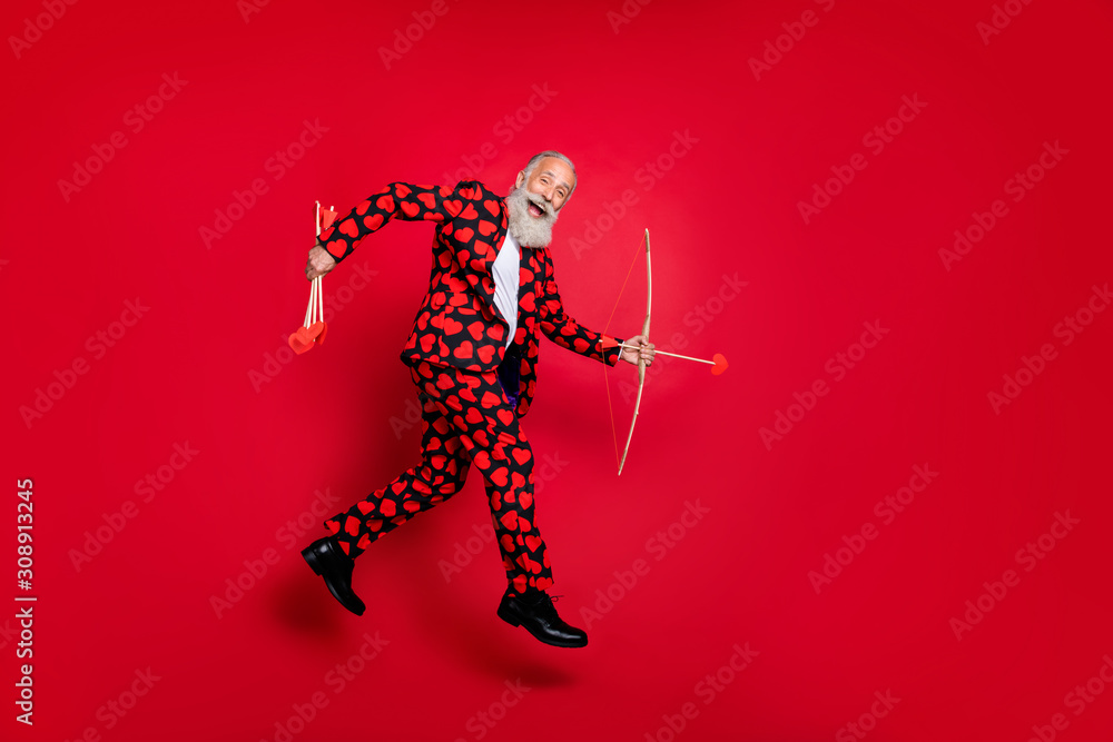 Full length profile photo of funky crazy aged guy cupid jumping up high ...