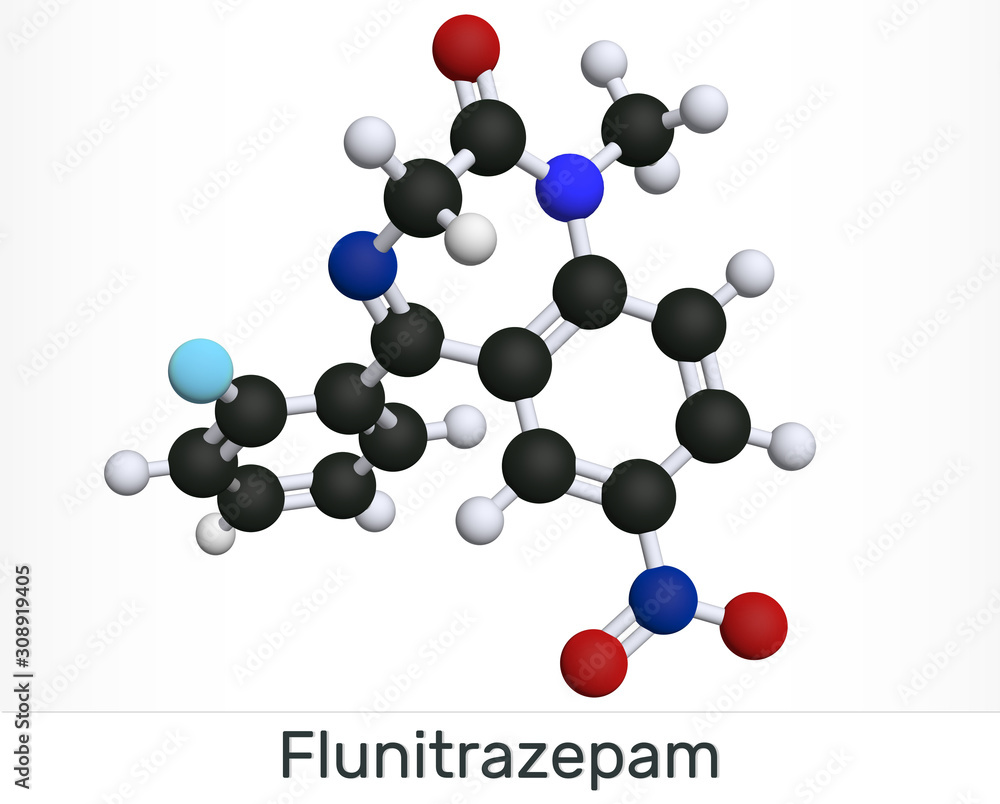Flunitrazepam drug molecule. It has hypnotic, sedative, anxiolytic ...