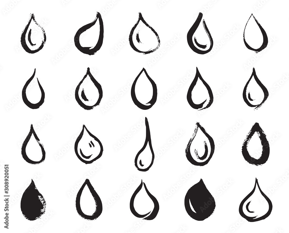 Droplet Icons. Collection of 20 Black Hand Painted Symbols of Water ...
