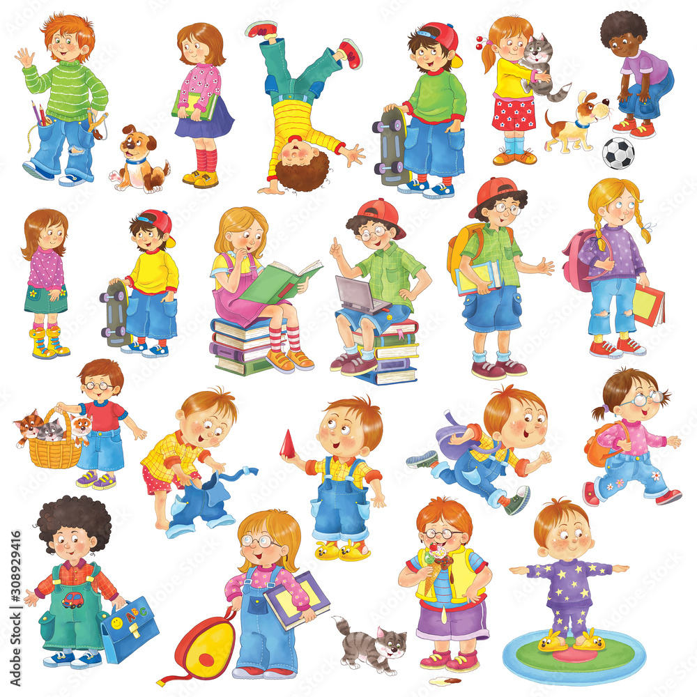 Big set of cute and funny kids. Collection of cartoon characters ...