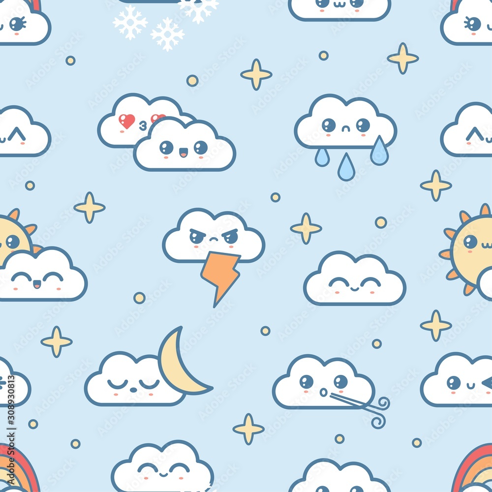 Cute kawaii weather icons. Clouds, rain, sun, stars, lightning, rainbow ...