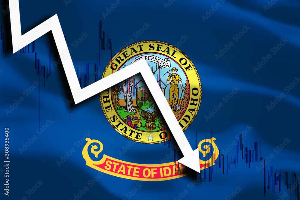 Idaho US State background with waving flag white arrow and stocks chart ...