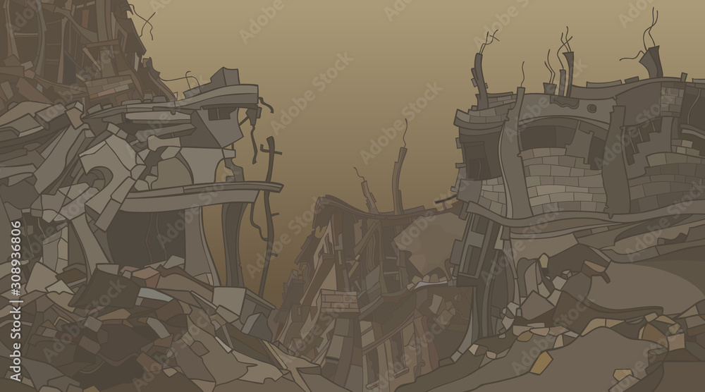 cartoon ruins of crooked ruined houses in dusty fog Stock Vector ...