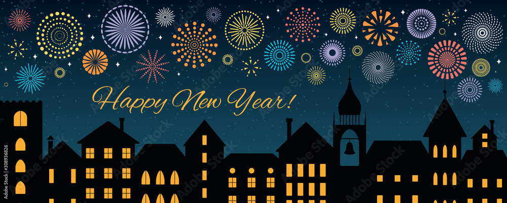 Vector illustration with colorful fireworks in the night sky over the ...