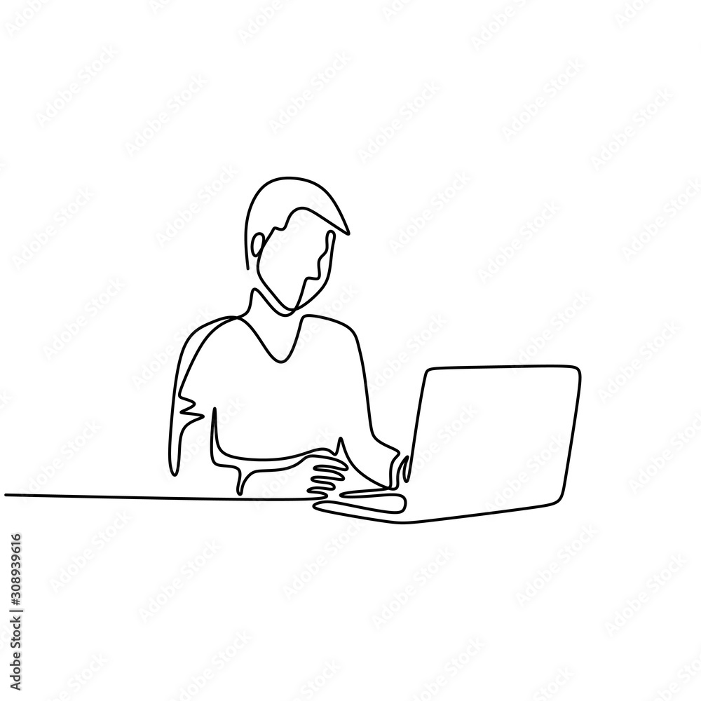 One line drawing of man working with laptop computer vector business ...
