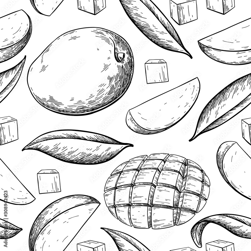 Mango seamless pattern. Vector drawing. Hand drawn tropical fruit ...