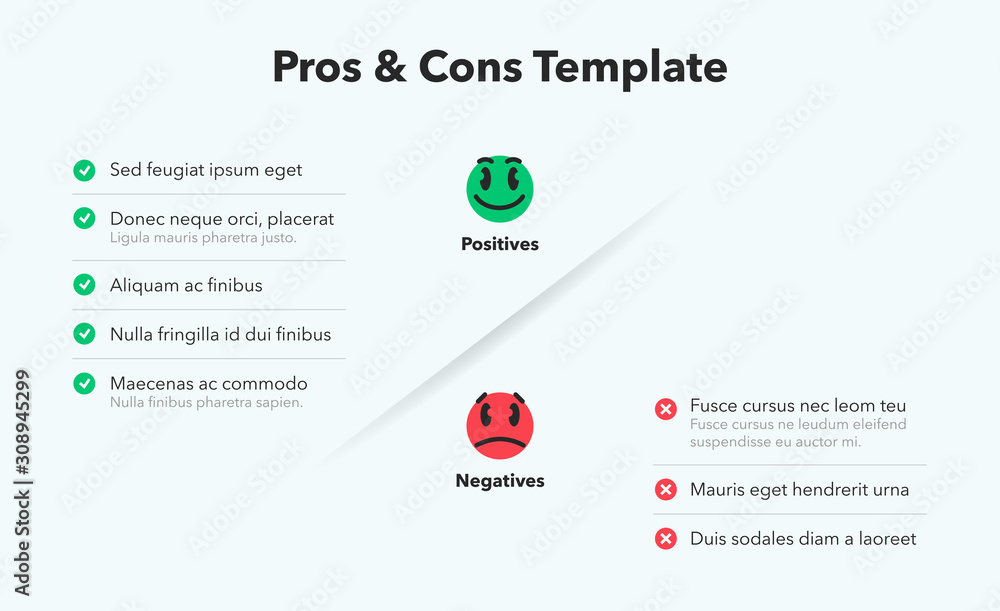 Simple infographic for pros and cons with funny emoji symbols. Easy to ...