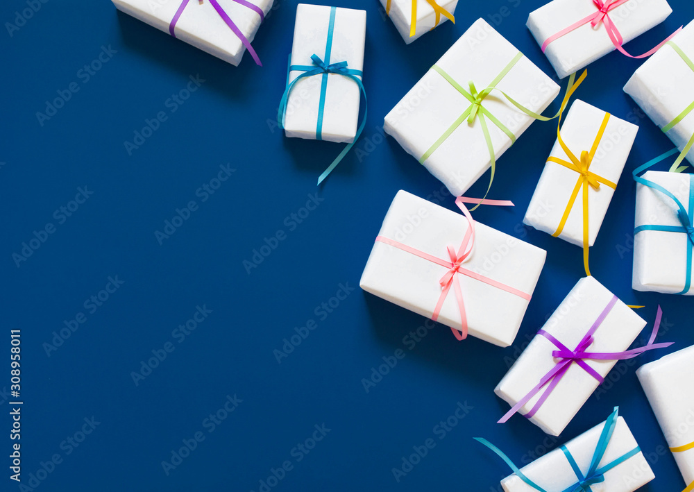 Classic Blue. Color of the Year 2020. White gift boxes with colored ...