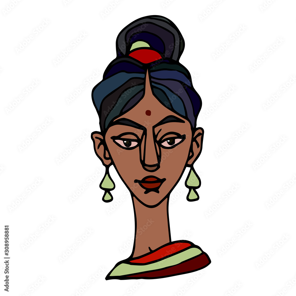 head of a hindu young cute brunette girl with earrings and Bindi ...