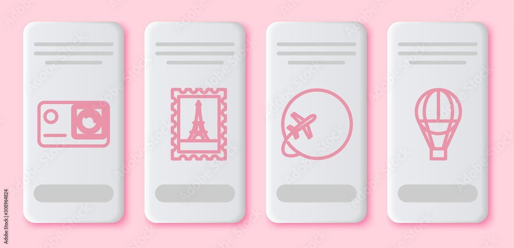 Set line Action extreme camera, Postal stamp and Eiffel tower, Globe ...