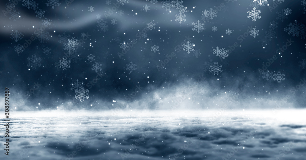 Dark winter forest background at night. Snow, fog, moonlight. Dark neon ...
