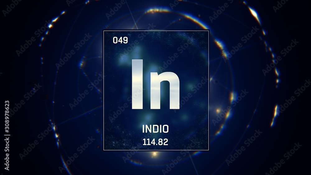 3D illustration of Indium as Element 49 of the Periodic Table. Blue ...