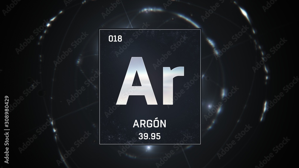3D illustration of Argon as Element 18 of the Periodic Table. Silver ...