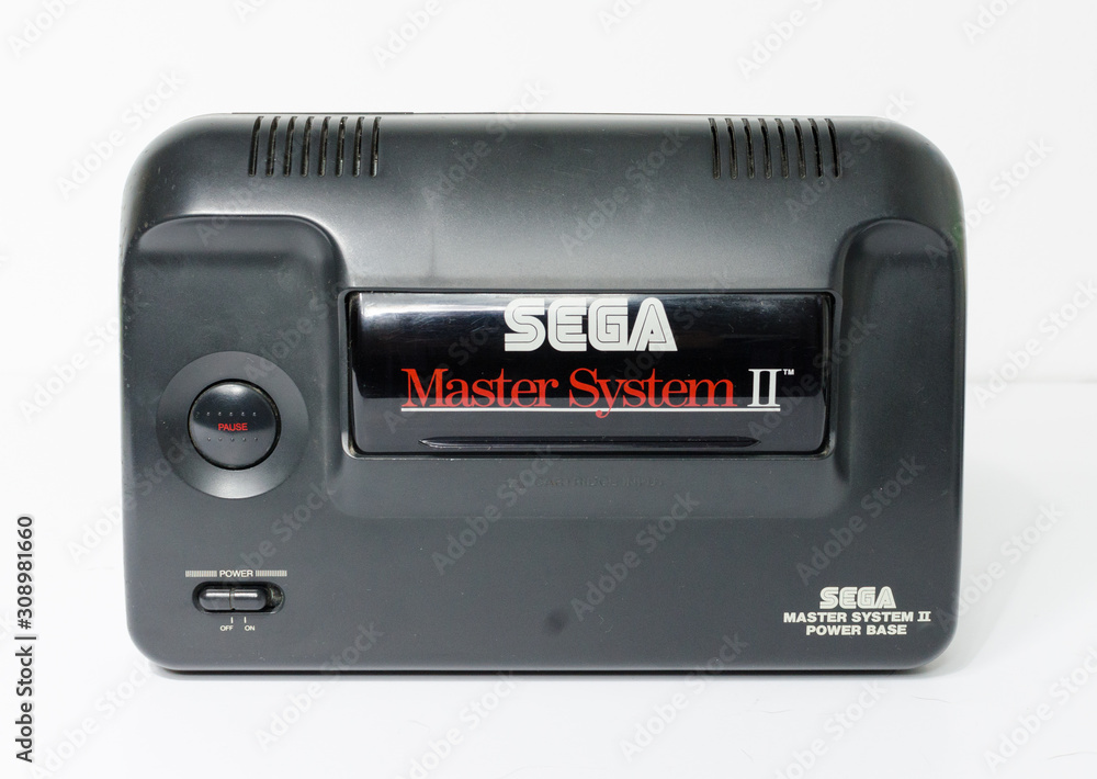 london, england, 05/05/2018 Sega master system 2 power base 8 bit black ...