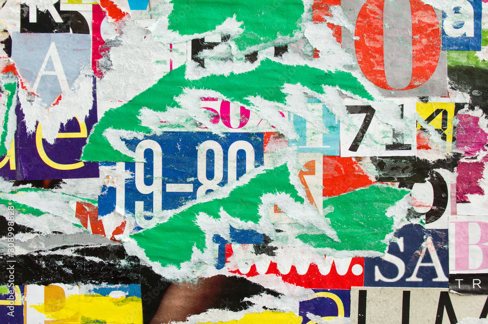 Torn and peeling crumpled old paper posters and placards with dirty ...
