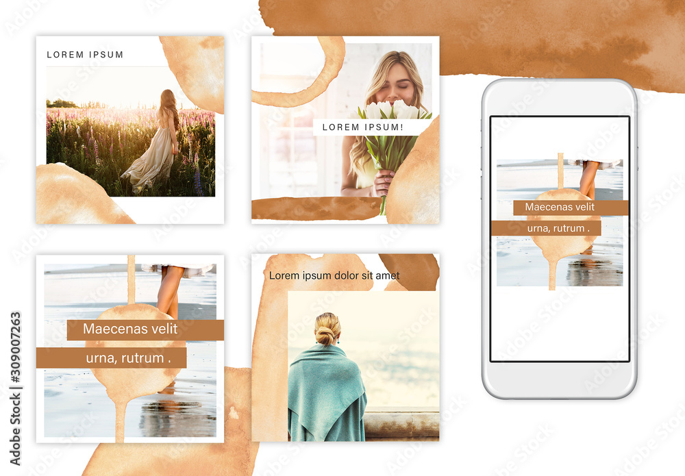 Watercolor Social Media Posts Layout Set Stock Template | Adobe Stock