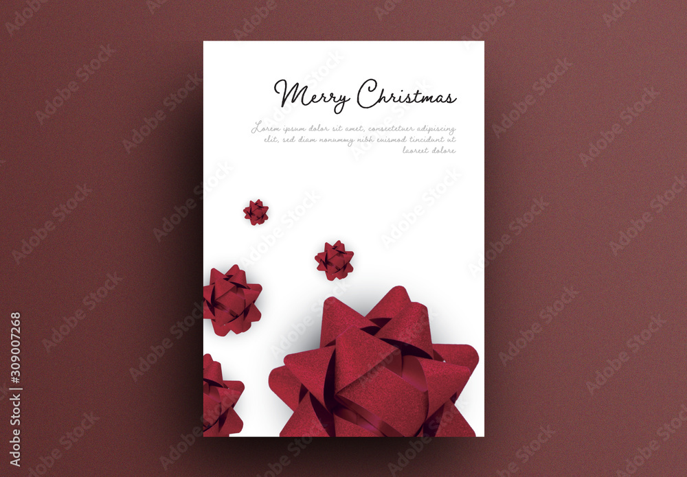 Minimalistic Christmas Card Layout with Dark Red Bows Stock Template ...