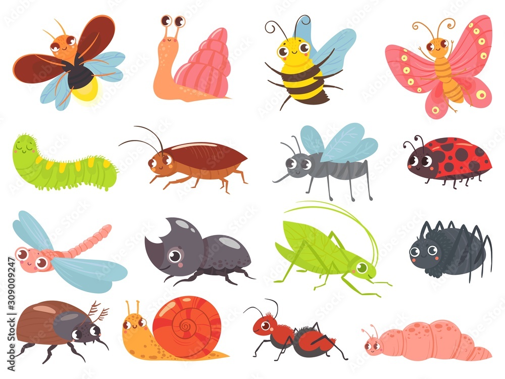 Cartoon bugs. Baby insect, funny happy bug and cute ladybug. Insects ...