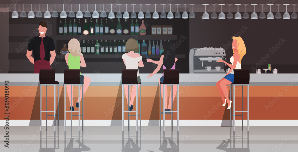 people sitting at bar counter desk waiter serving female visitors women ...