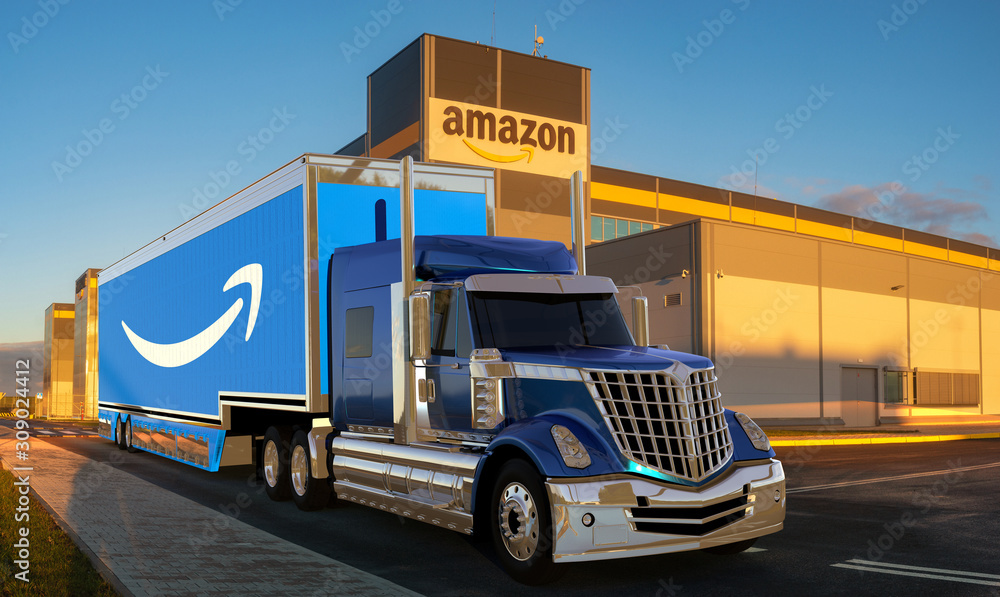 truck with a semi-trailer with the Amazon logo at the Amazon logistics ...