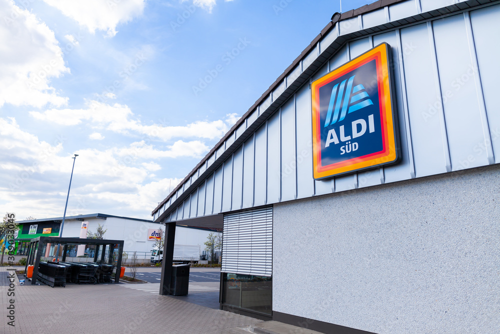 NUREMBERG / GERMANY - APRIL 7, 2019: Branch from Aldi supermarket chain ...