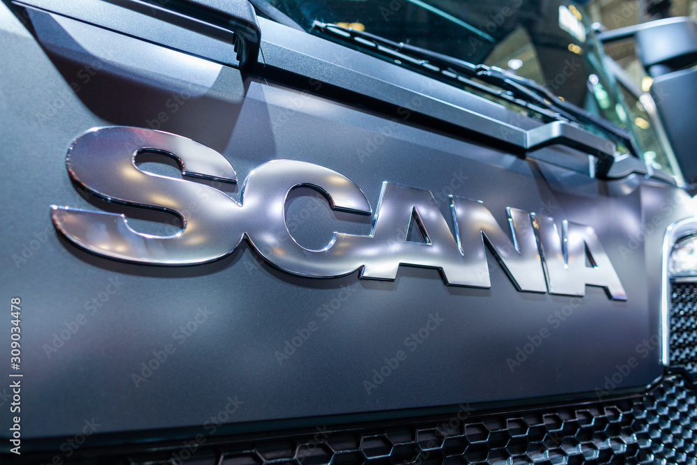 MUNICH / GERMANY - APRIL 14, 2019: Scania branch on a Scania truck ...