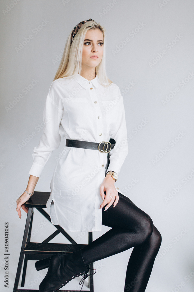 Popular beautiful blondie model actrees posing indoors in studio on ...